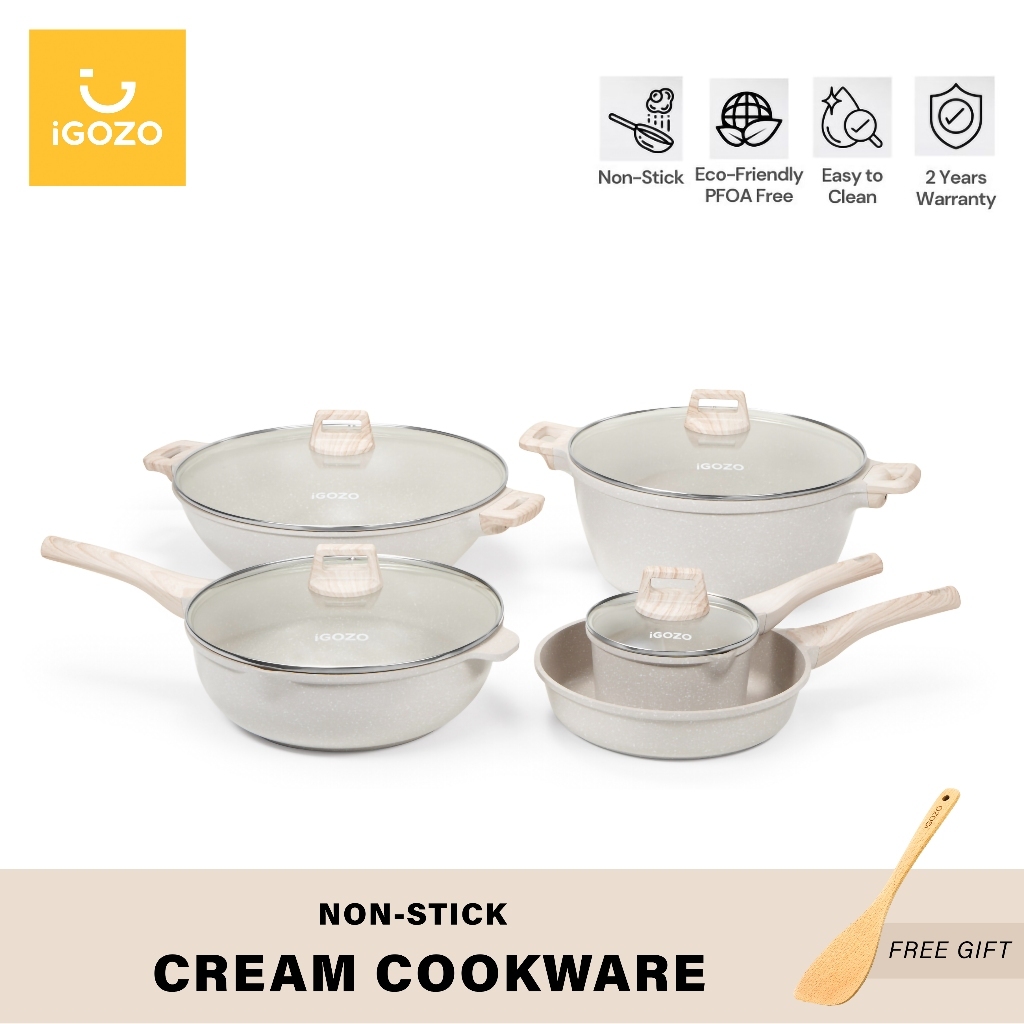 iGOZO Cream Non-Stick Cookware - Saucepan/Frying Pan/Stir-Fry Wok ...