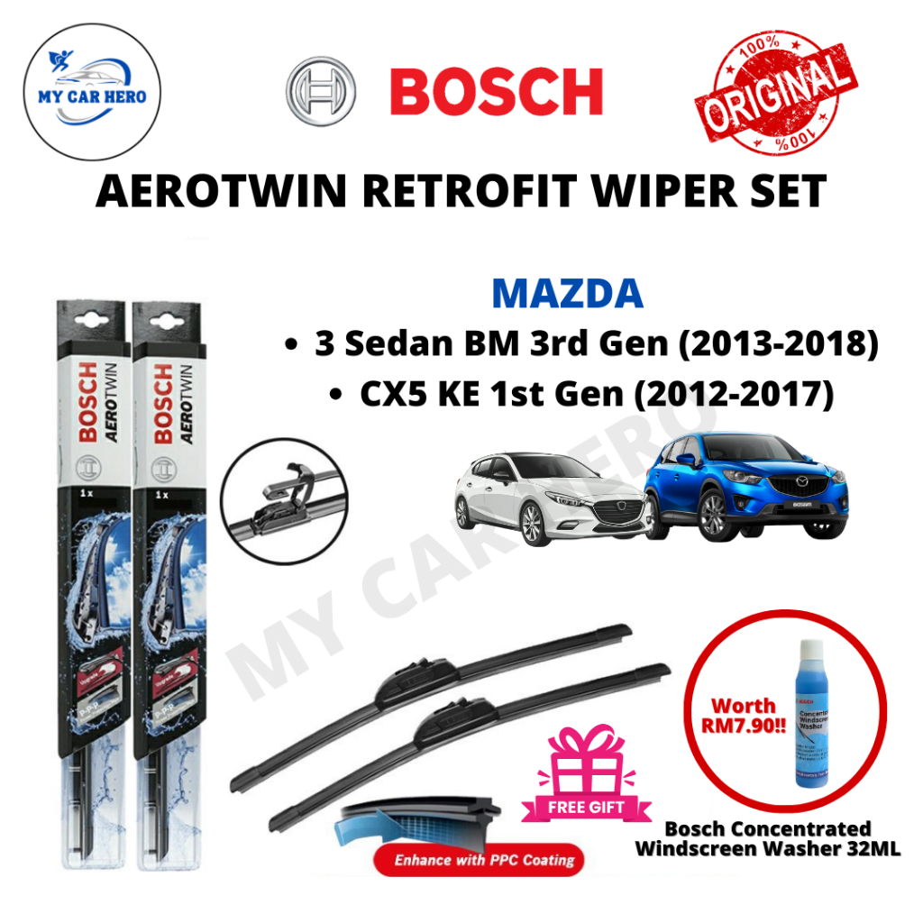 BOSCH Aerotwin Retrofit U Hook Wiper Set for Mazda CX5 KE 1st Gen (2012-2017) / 3 Sedan BM 3rd ...