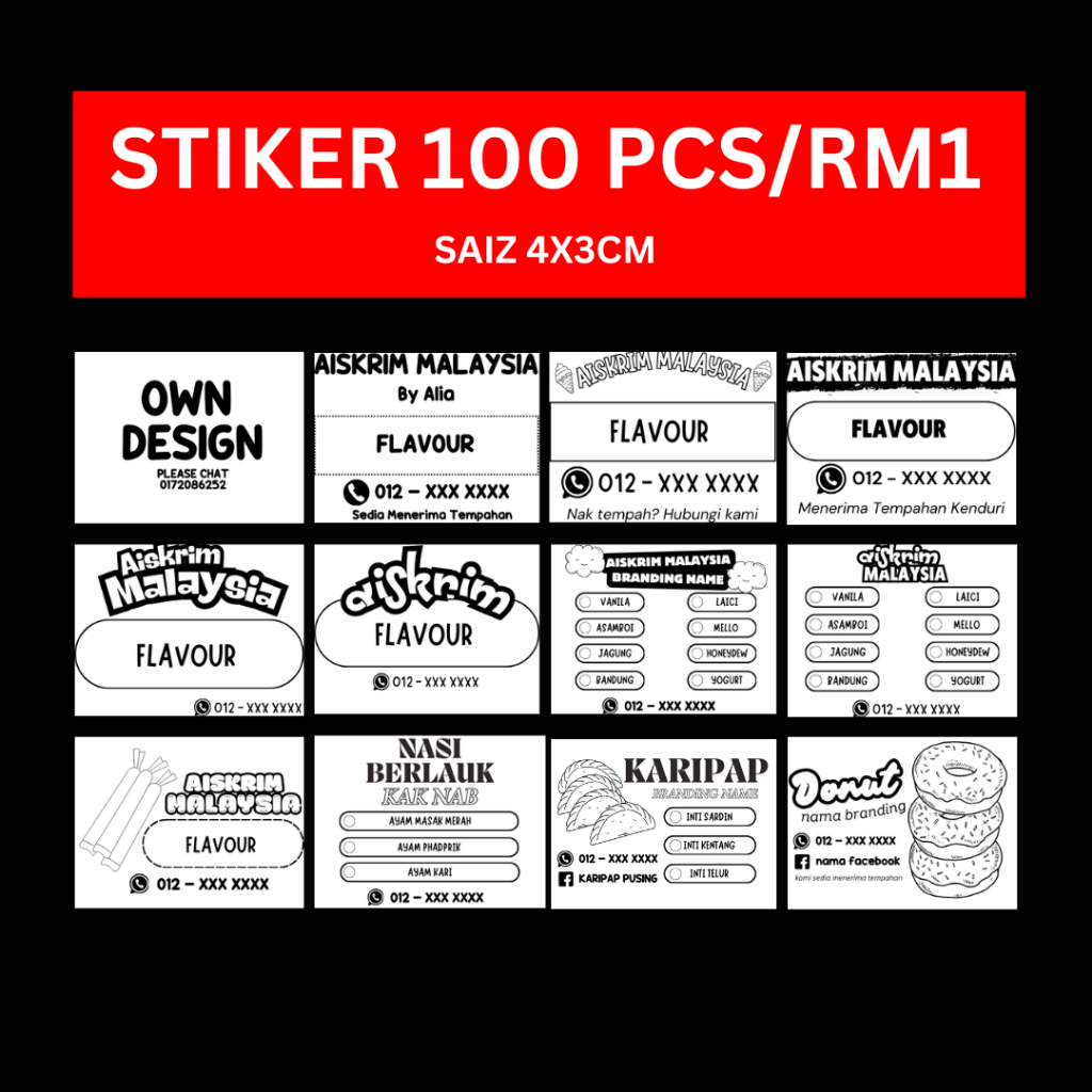 RM1 100pcs Sticker Aiskrim Malaysia Murah Sticker Produk Murah Vendor ...