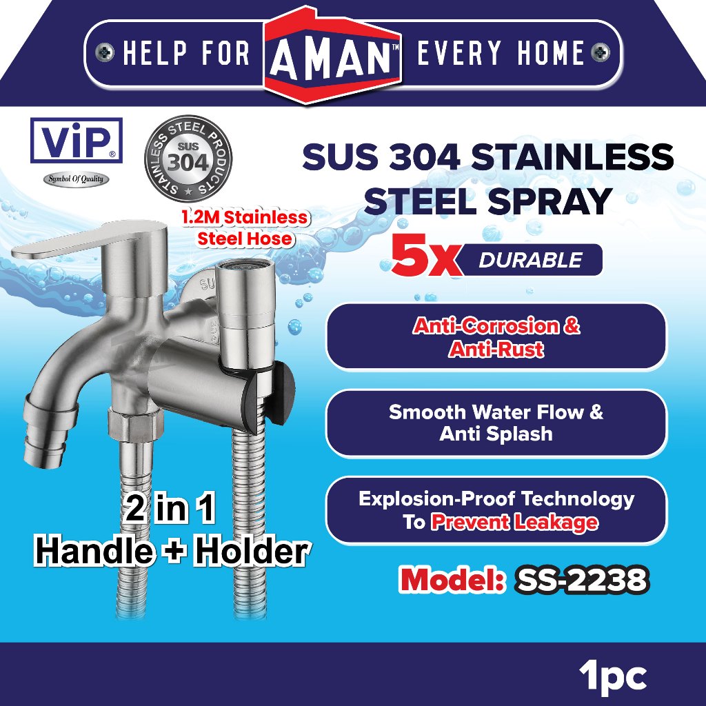 VIP SUS-304 Stainless Steel 2-Way Bidet Tap Flexible Hose With Nozzle ...