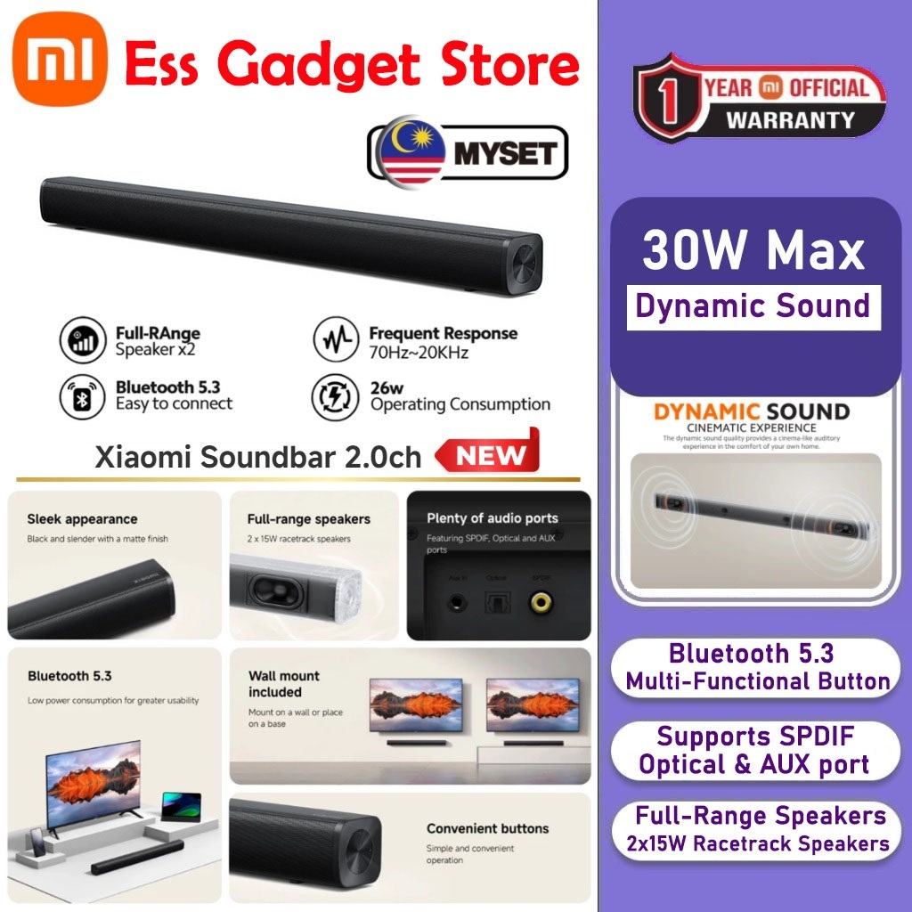 MYSET Xiaomi Soundbar 2.0 Ch | 30W Speaker | TV Sound Bar | BT 5.3 ...