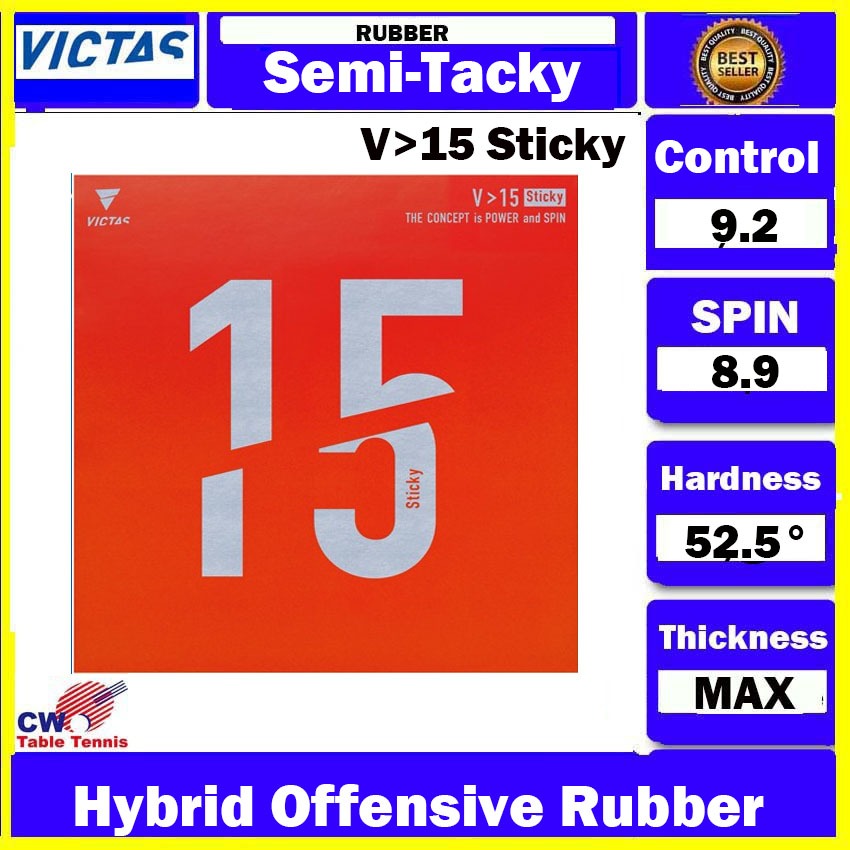Victas V>15 Sticky Semi-Tacky, Pimple In High Energy Tension is the hybrid flagship of our ...