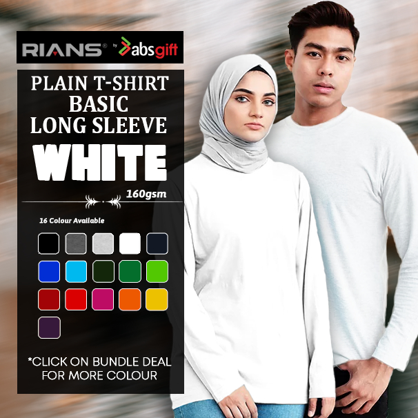 RIANS WHITE - LONG SLEEVE Plain Cotton Round Neck T-Shirt 160gsm Men ...