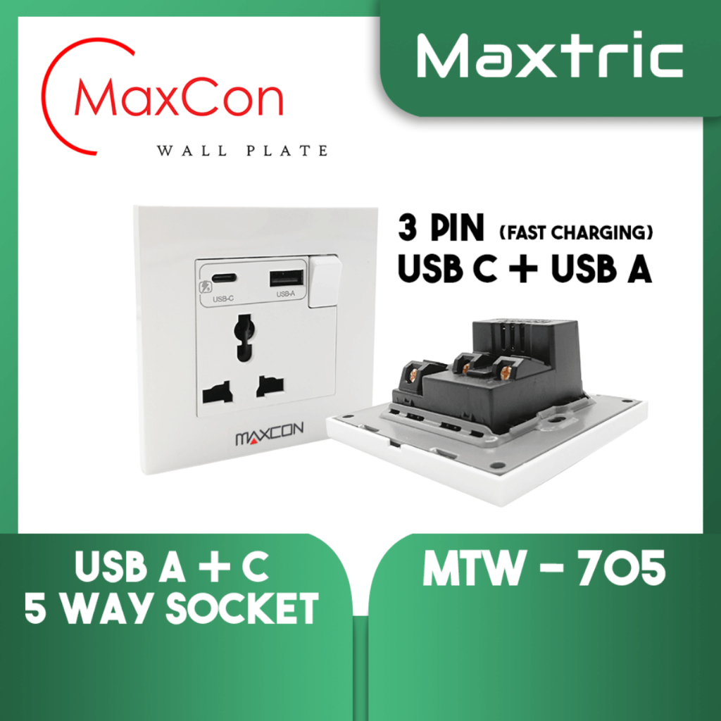 Maxcon USB Type C 3 PIN Multi Wall Socket / Fast Charging USB Switch ...