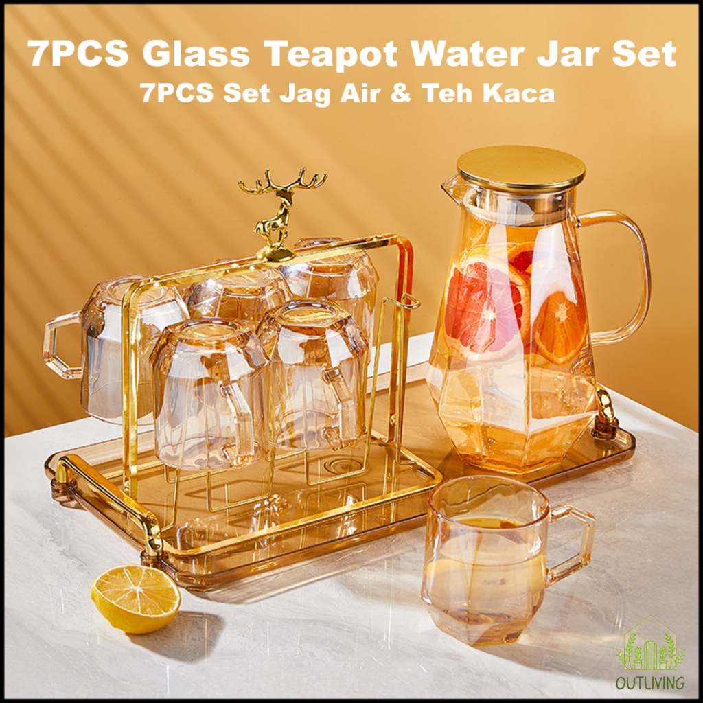 7 PCS Glass Teapot Water Jar Set Thickened Jug Teko Set Jar Thick Heat ...