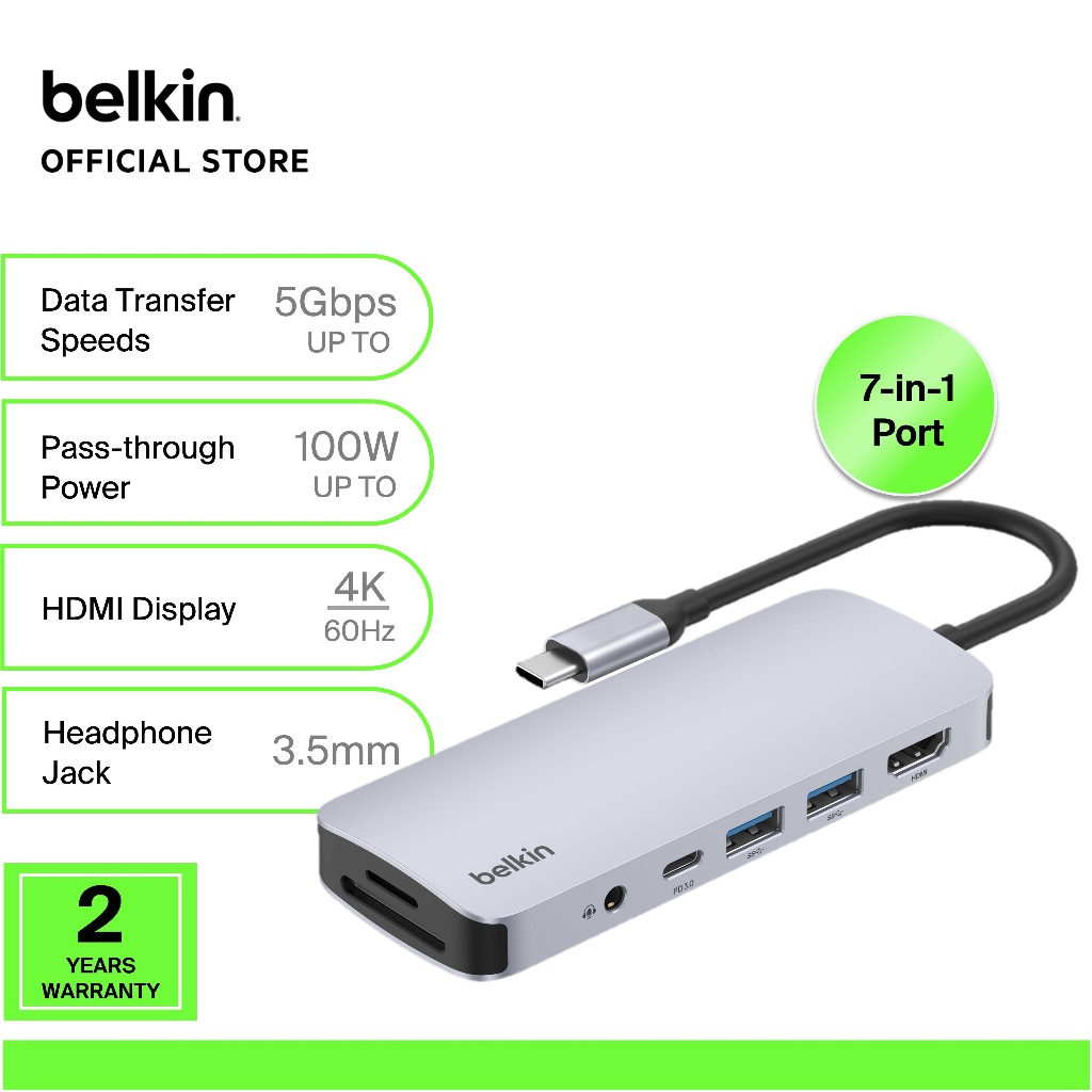 Belkin AVC009fqSGY-V2 Connect USB-C 7-in-1 Multiport Hub Adapter 4K60Hz ...