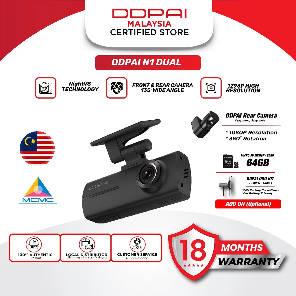 DDPAI N1 Dual Front & Rear Recording NightVIS 1296P Dash Cam | Shopee ...