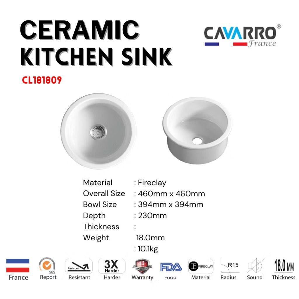 Ceramic Farmhouse Kitchen Sink 18'' Ceramic Round Sink Single Bowl ...