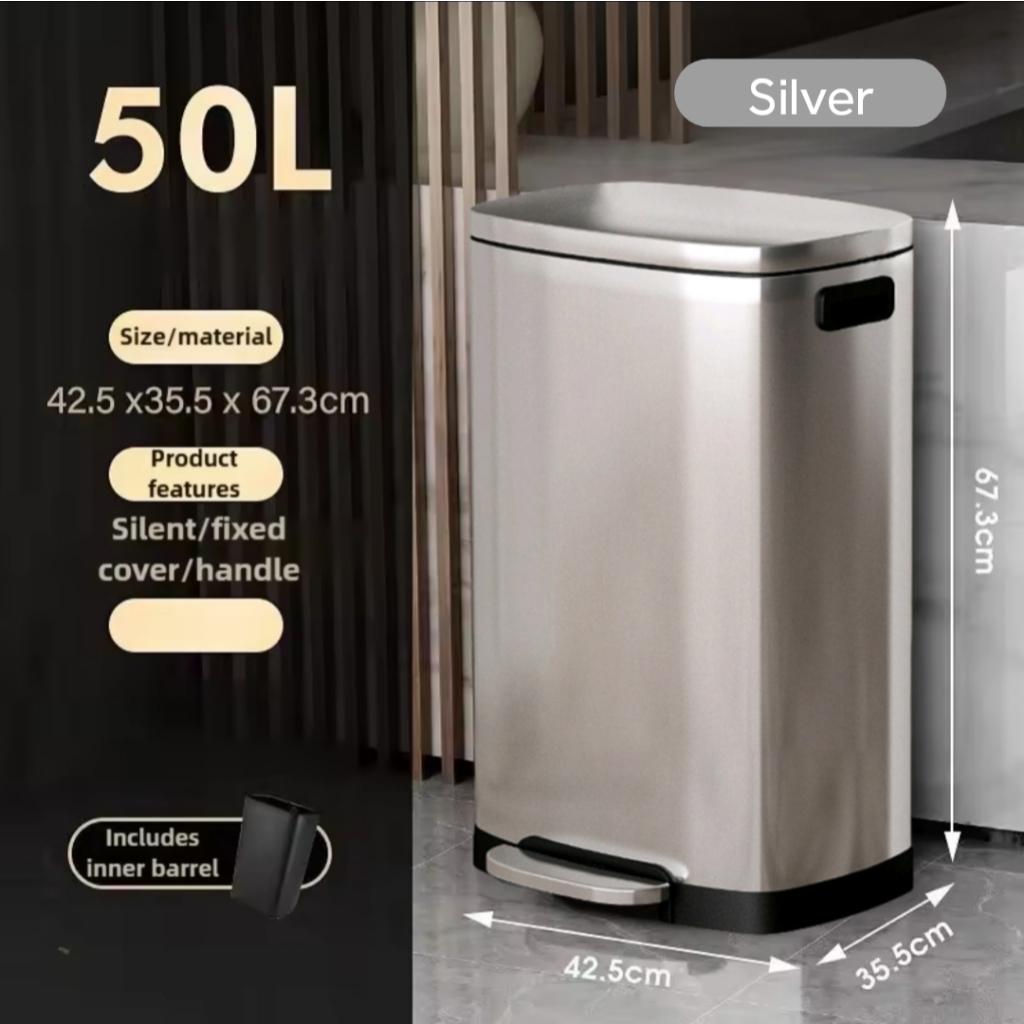 20L/30L/50L Big Dustbin Tong Sampah Bertutup High Capacity 304 ...