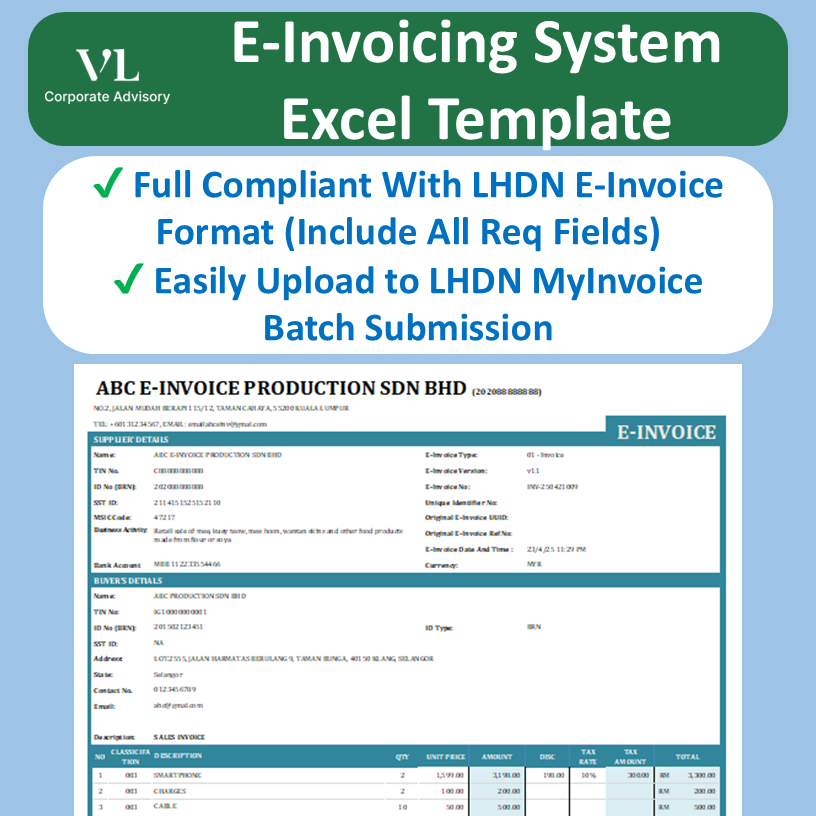 VL E-Invoicing System Excel Template Automated Full Compliant LHDN E-Invoice Format LHDN ...