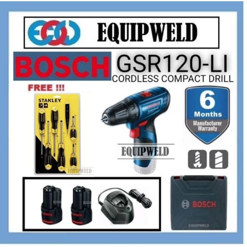 BOSCH 12V GSR120-LI GEN 2 CORDLESS COMPACT DRILL DRIVER + STANLEY ...