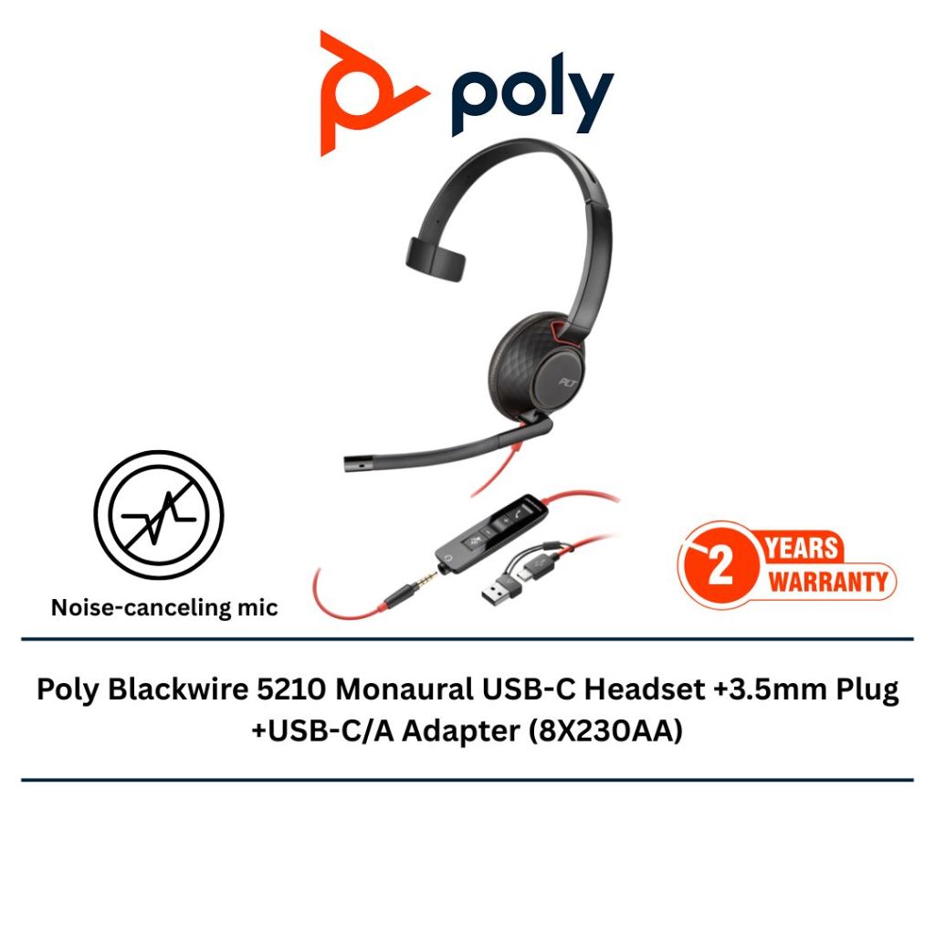 Poly Blackwire 5210 Monaural USB-C Headset +3.5mm Plug +USB-C/A Adapter ...