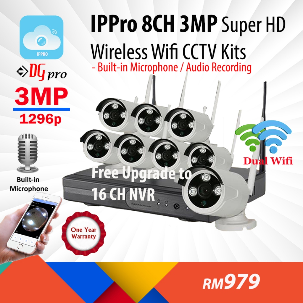 iPPRO / Eseecloud 8Ch / 10Ch 3MP 1296p Bullet Wireless Wifi CCTV IP Camera Kit - Built-in Mic(12 ...