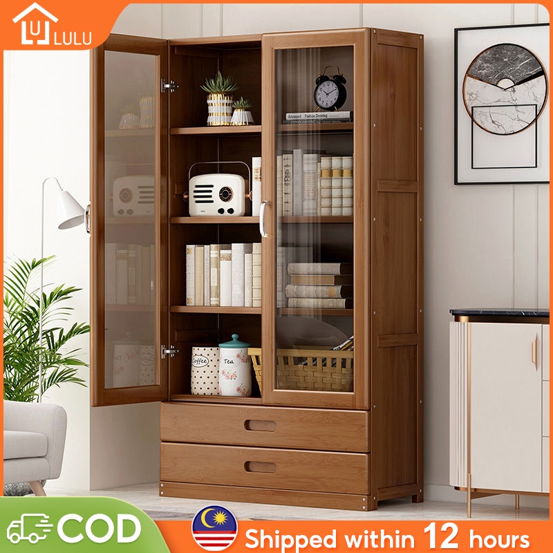 LULU Bamboo Book Shelf Rak Buku Bertutup With 2Drawer Storage Cabinet ...