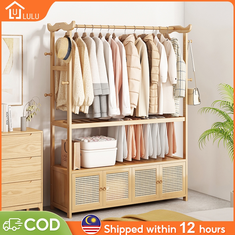 LULU Clothes Rack Rak Baju With Hook Hanger Wardrobe Cabinet Bamboo ...