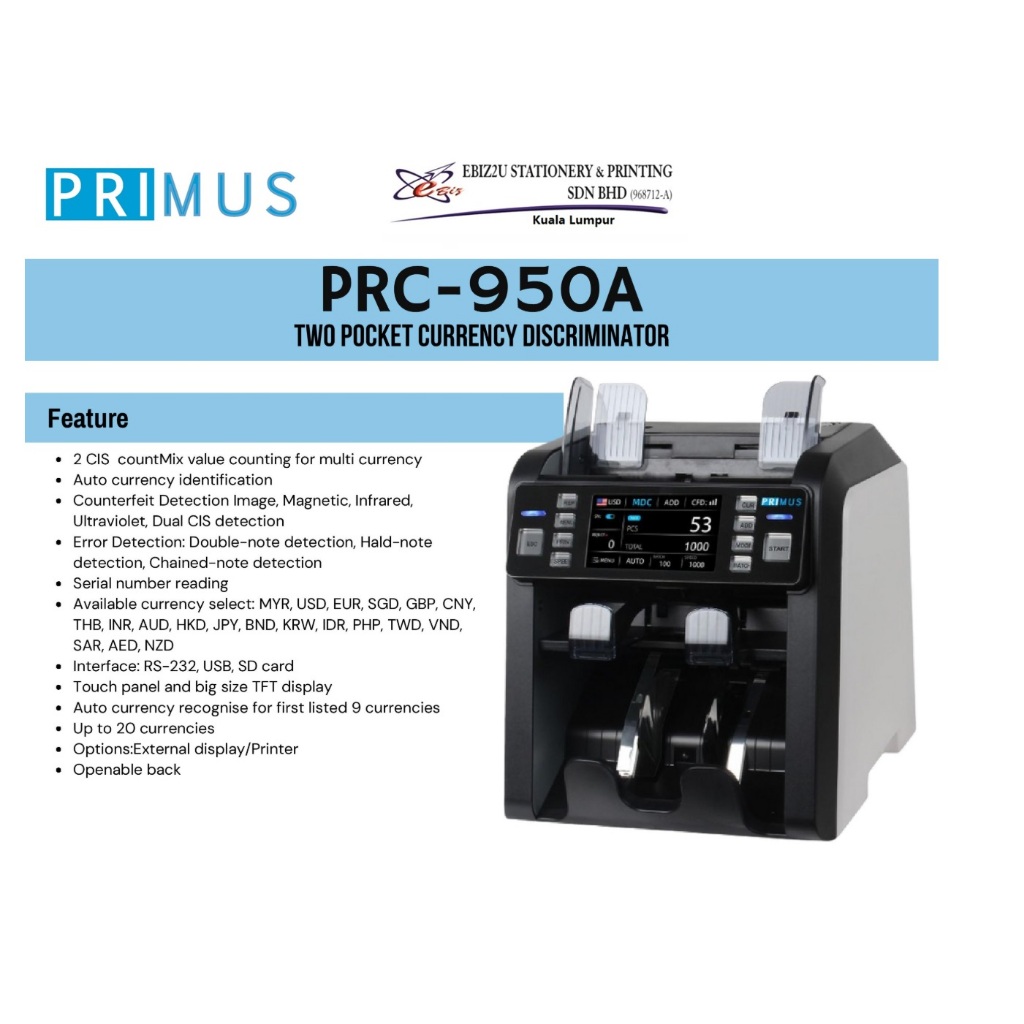 PRIMUS PRC-950A Two Pocket Currency Discriminator & Banknote Counter (2 ...