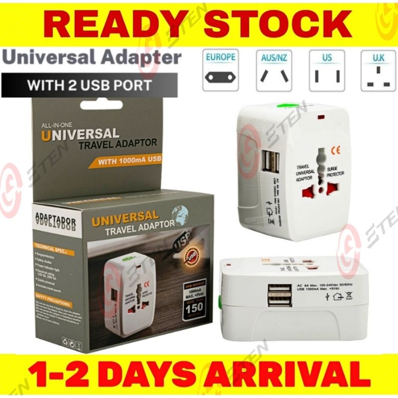 Universal Travel Adapter Plug 2 USB All In One International Worldwide Travel Adaptor Plug ...