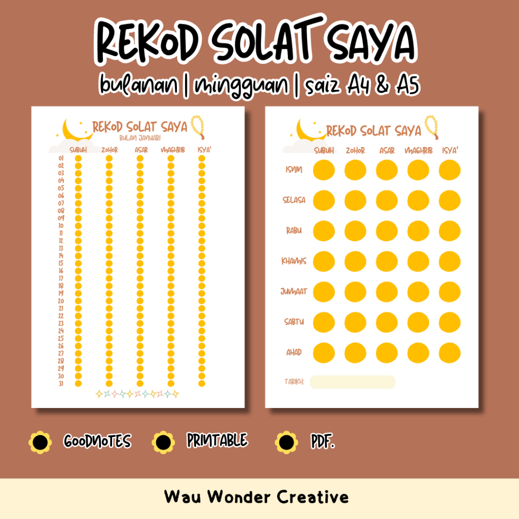 Rekod Solat Saya – Solat Tracker Bulanan & Mingguan (PDF Digital) | Jadual Solat Printable | A4 ...