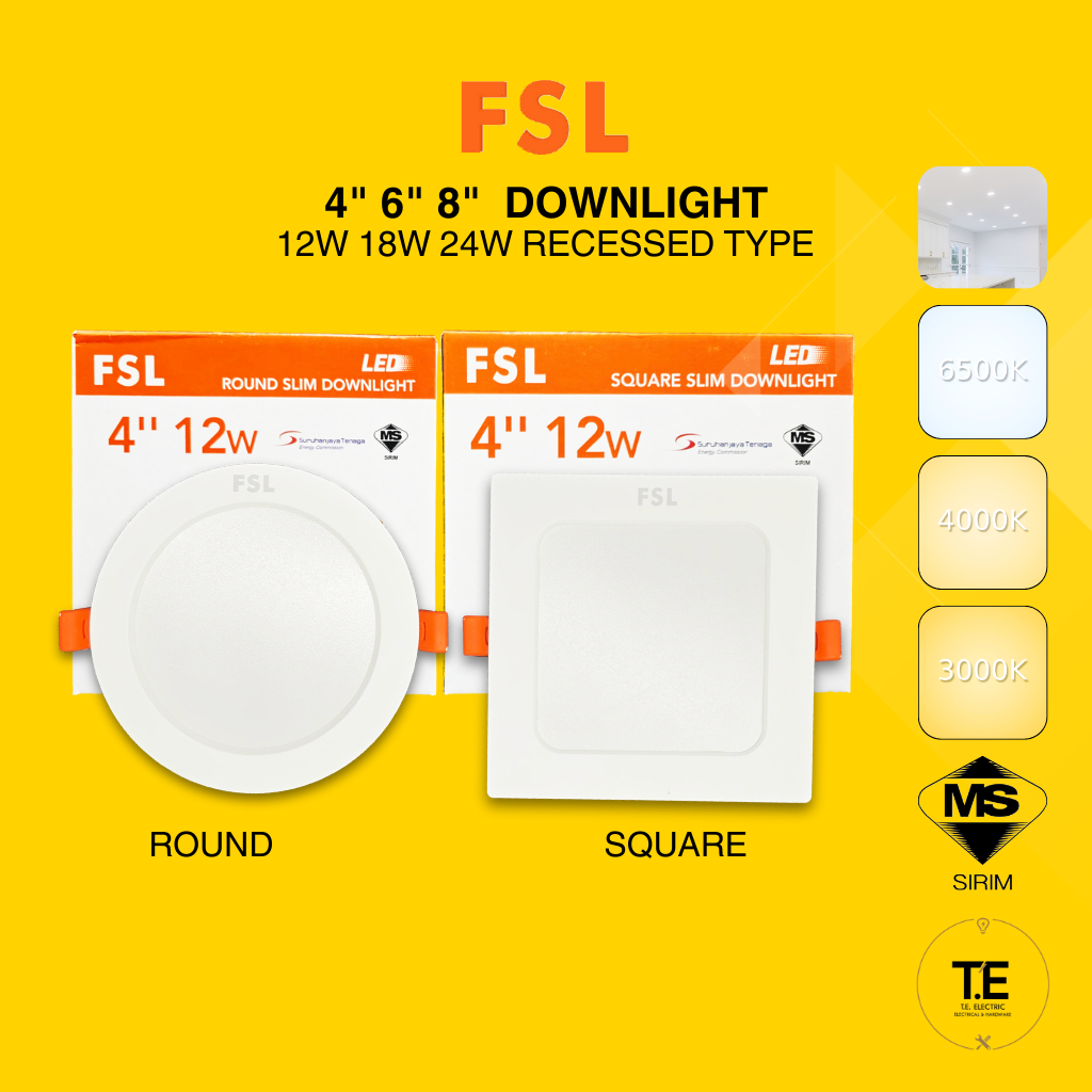 FSL 4" 12W / 6" 18W / 8" 24W LED DOWNLIGHT ROUND / SQUARE PANEL LAMP SIRIM BULAT SEGI EMPAT ...
