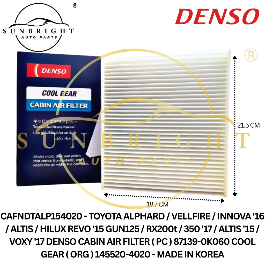 TOYOTA ALPHARD / VELLFIRE DENSO CABIN AIR FILTER (PC) 87139-0K060 (ORG ...