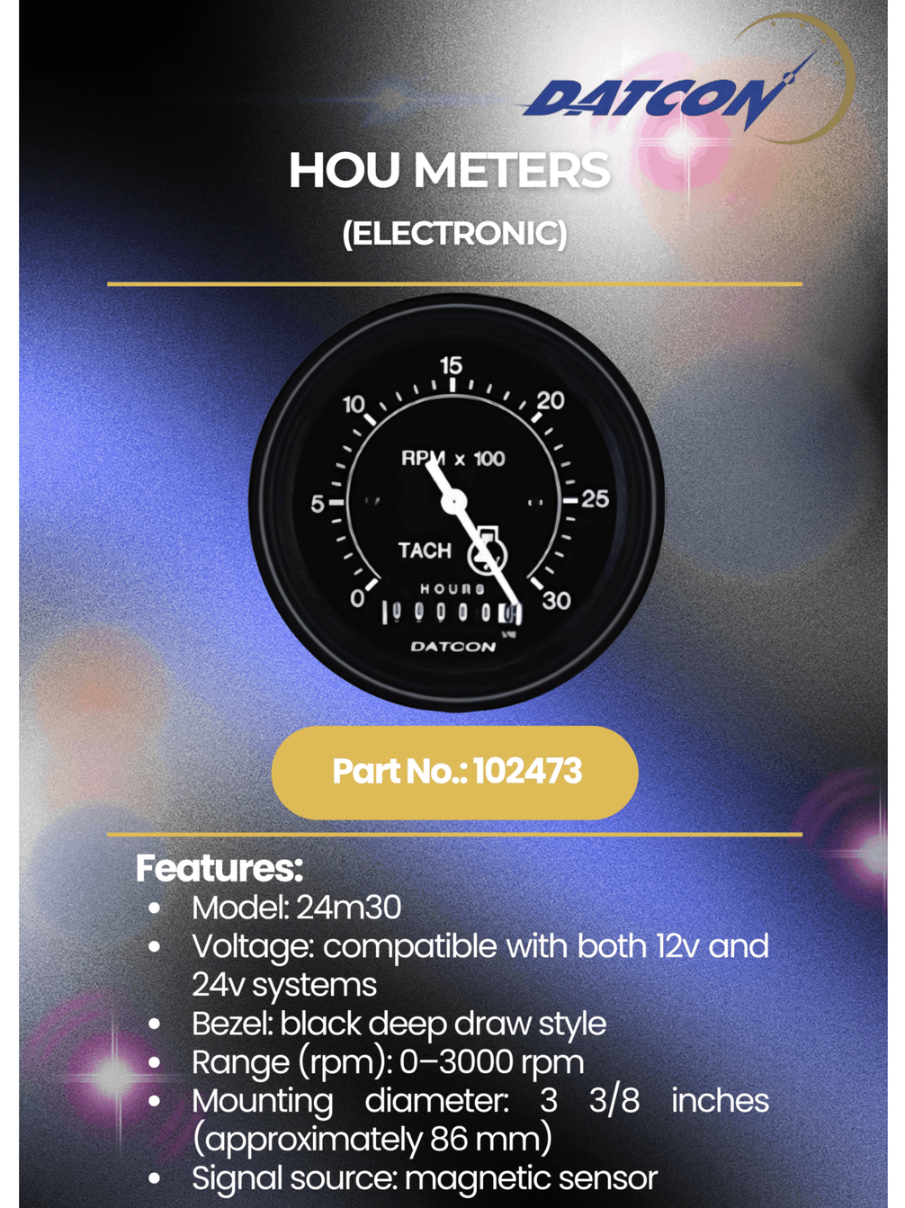 Genuine Datcon 102473 Tachometer with Hourmeter (0–3000 RPM, 12/24V ...