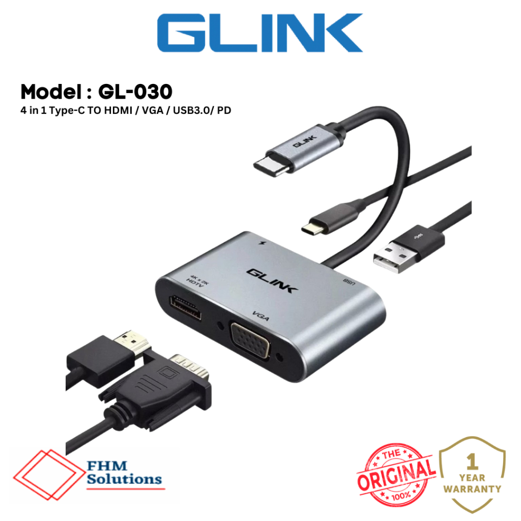 Glink GL-030 USB C to HDMI VGA Adapter, 4 In 1 USB-C Hub with 4K HDMI/VGA/PD 87W/USB 3.0 ...