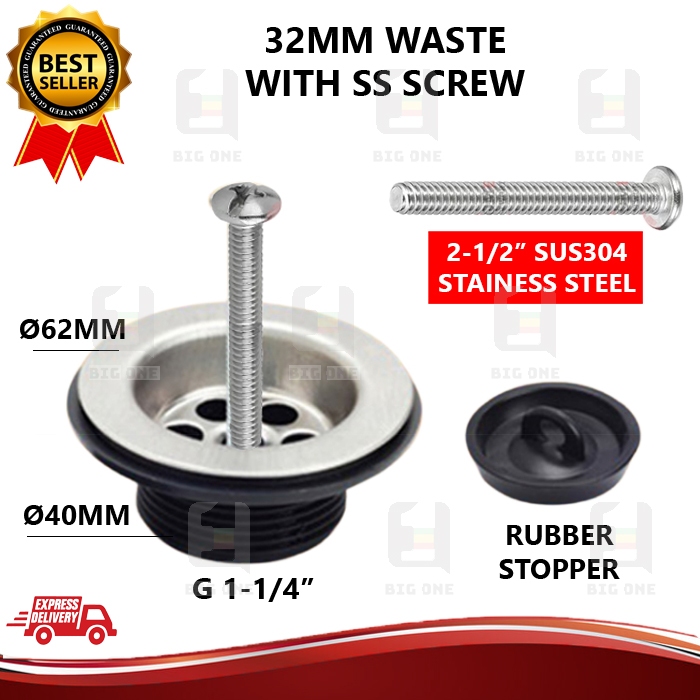 (STAINLESS STEEL SCREW) 1 1/4'' 32MM STAINLESS STEEL BASIN WASTE ...