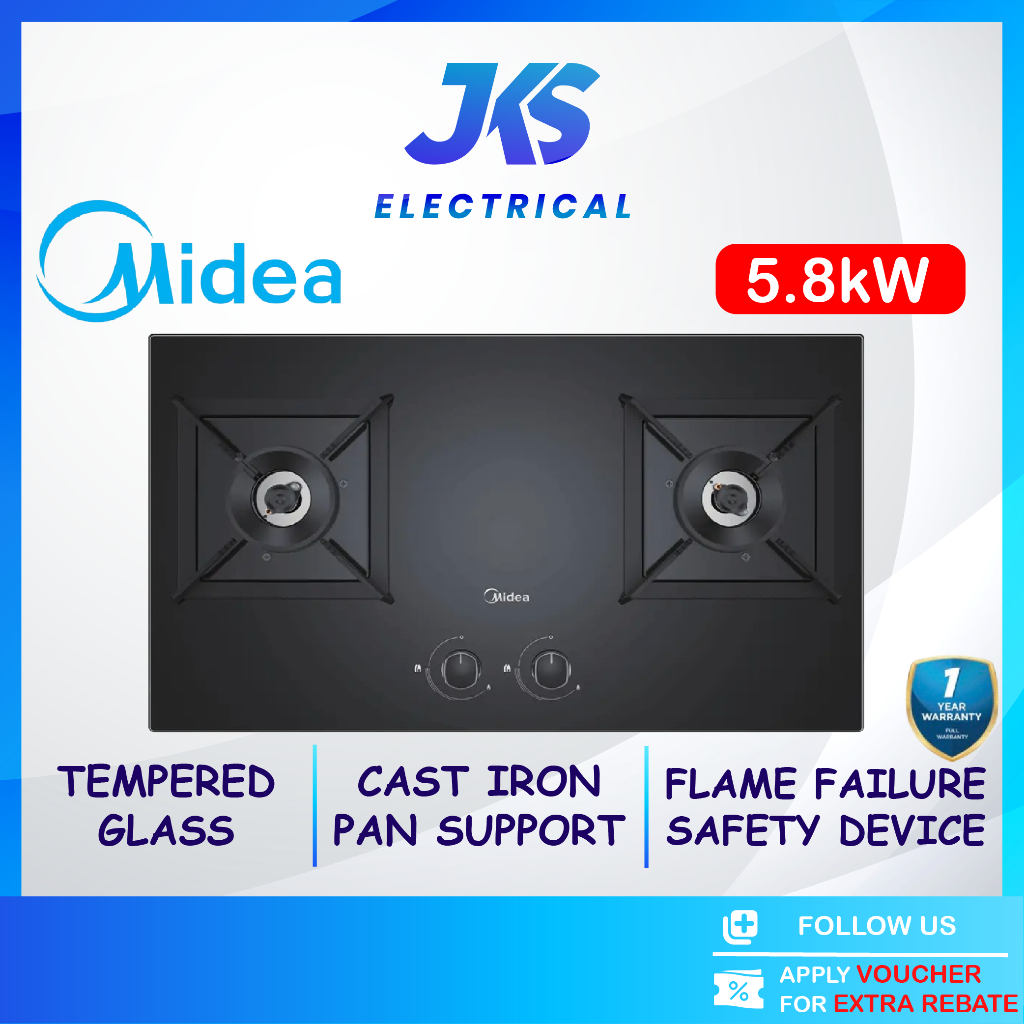 Midea 5.8kW/5.2kW Built-In Gas Hob Tempered Glass | Cast Iron Pan ...
