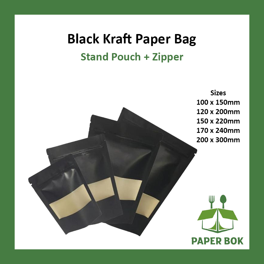 Beg Kertas (50 PCS) Black Kraft Paper Bag Stand Pouch Zip Lock with ...