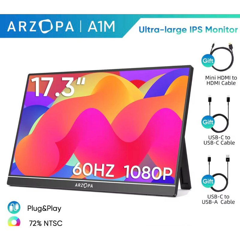ARZOPA Portable Monitor 17.3'' A1M 1080P FHD IPS Display HDMI USB C ...