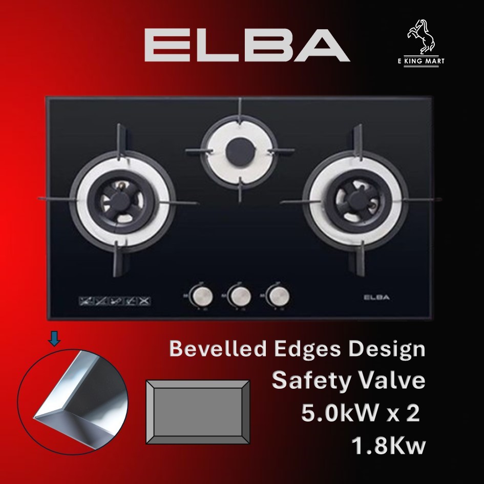 ELBA Luxury Design Bevelled Edges 3 Burners 11.8Kw Safety Valve Built-in Glass Gas Hob EGH ...