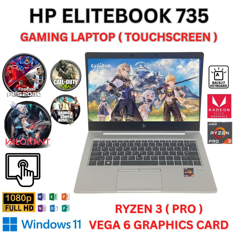 GAMING TOUCH SCREEN HP ELITEBOOK 735 G6 RYZEN 3 PRO 16GB RAM VEGA 6 ...