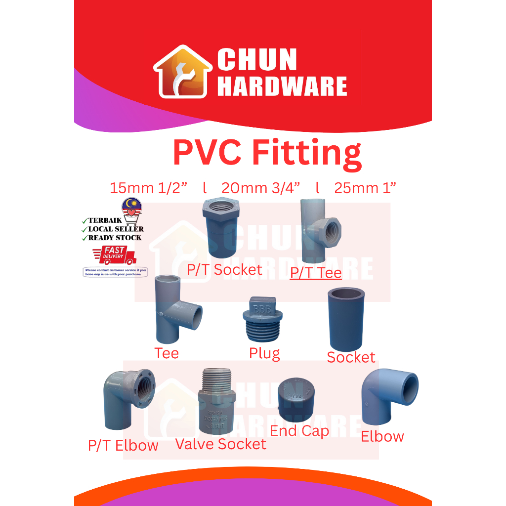 PVC Pipe Fitting Paip PVC Connector Socket Elbow Tee valve Socket Plug End Cap PT Socket Pt ...