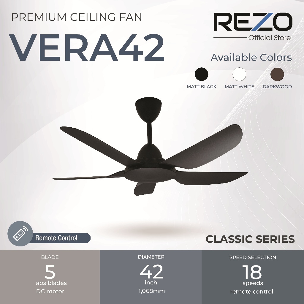 REZO Classic Series 42" 5 Blades DC Motor Ceiling Fan With Remote ...