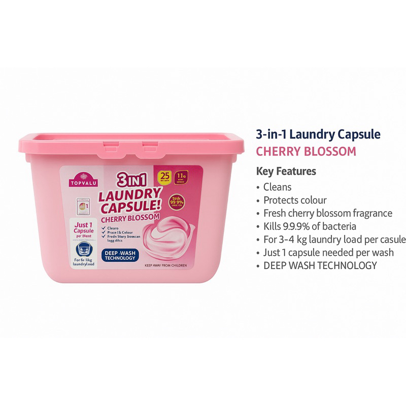 Topvalu 3-in-1 Laundry Capsule Cherry Blossom 25pcs | Deep Clean | Colour Protect | Anti ...