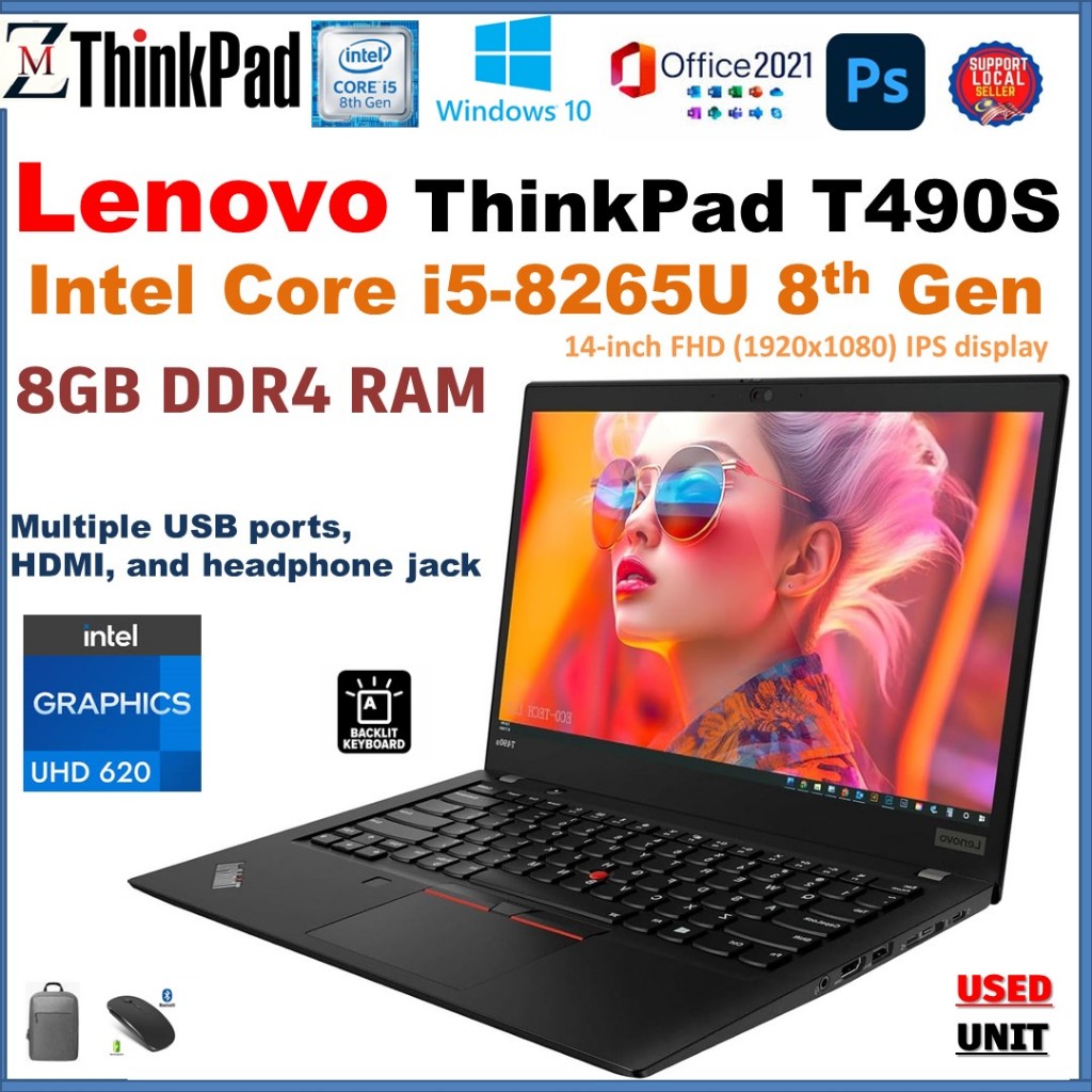 Lenovo ThinkPad T490s Core i5-8265U 512GB SSD, Backlit Keyboard, Wi-Fi ...