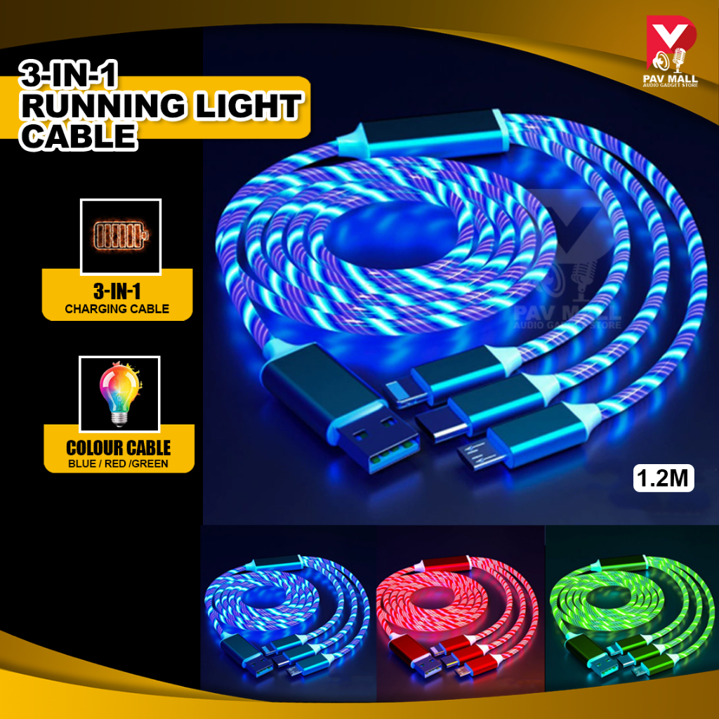 3-in-1 Fast Charging Streamer Cable | Universal Colourful Light Flow ...