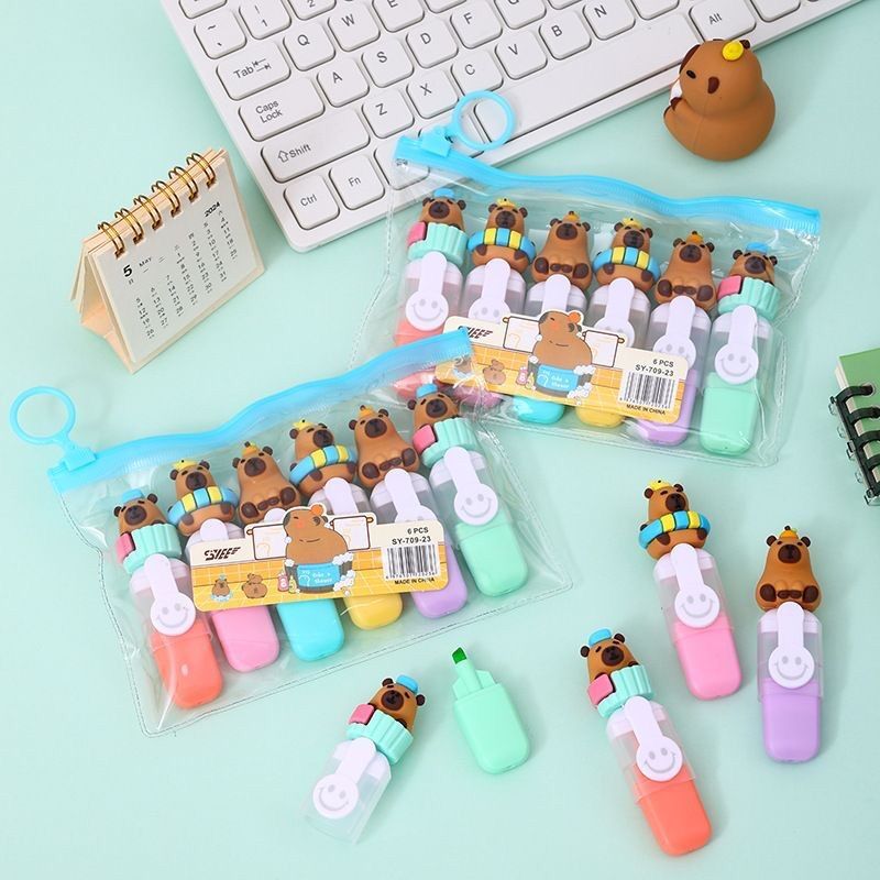 Set Of 6 Mini Capybara Highlighter Pen Marker Pen Cute Cartoon Erasable ...