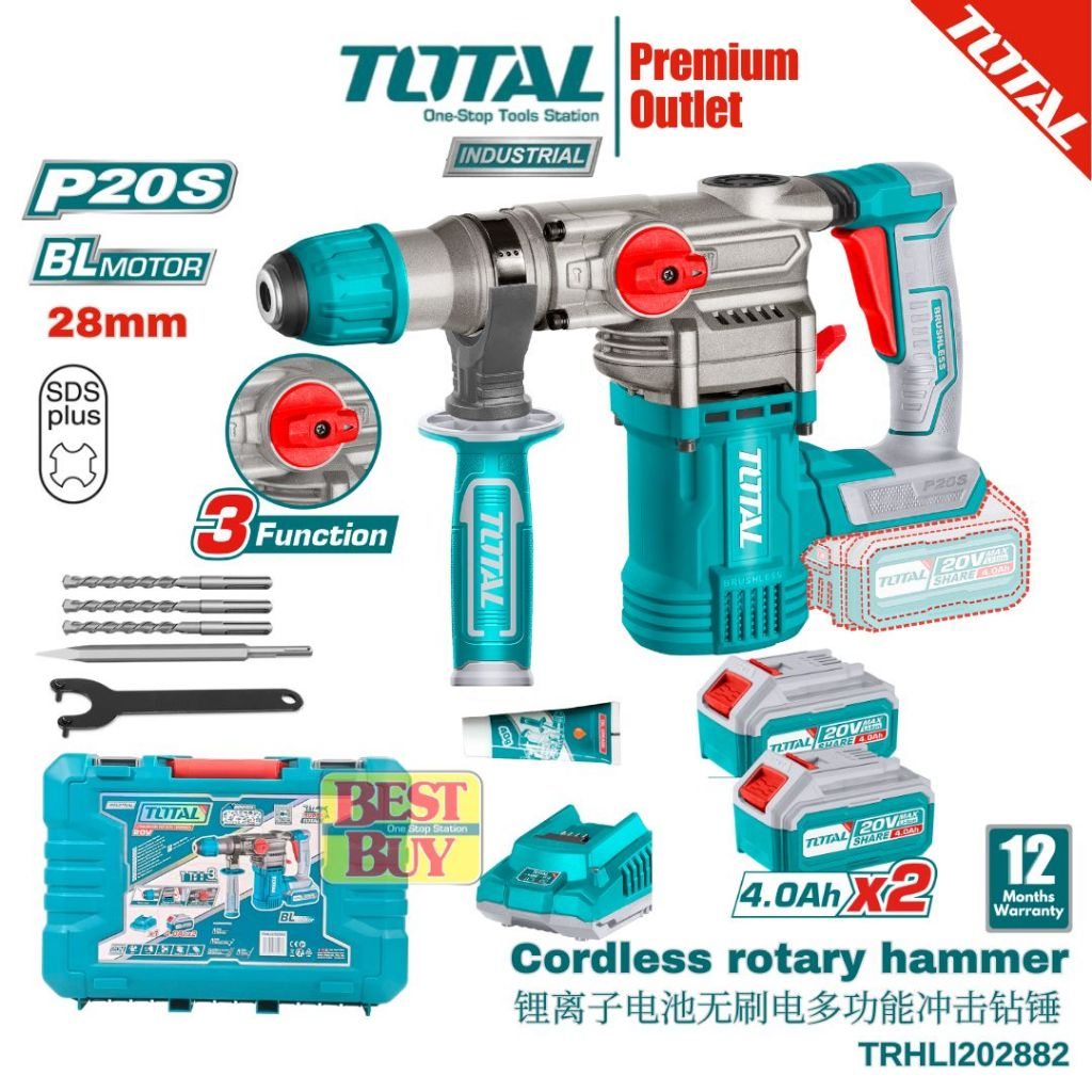TOTAL Tools BL motor 20V Cordless Rotary Hammer w/ Battery 2Pcs* 4.0Ah ...