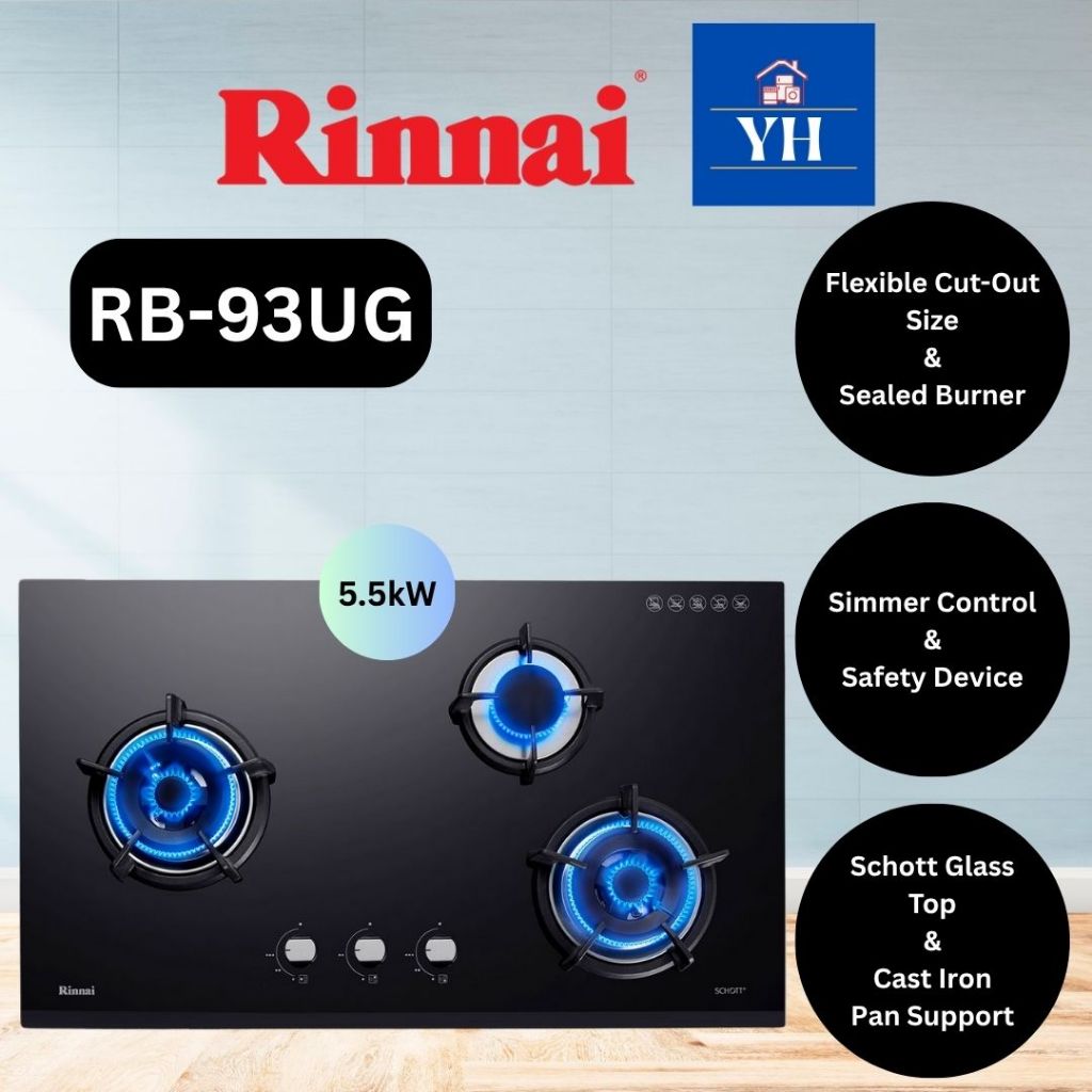 RINNAI 3 BURNER 5.5kW BUILT IN GLASS HOB RB-93UG | Shopee Malaysia