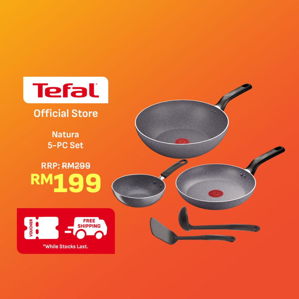 Tefal Natura 5 Pcs Set - Wokpan (28cm) + Wokpan (16cm) + Frypan (24cm) + Ladle & Spatula ...