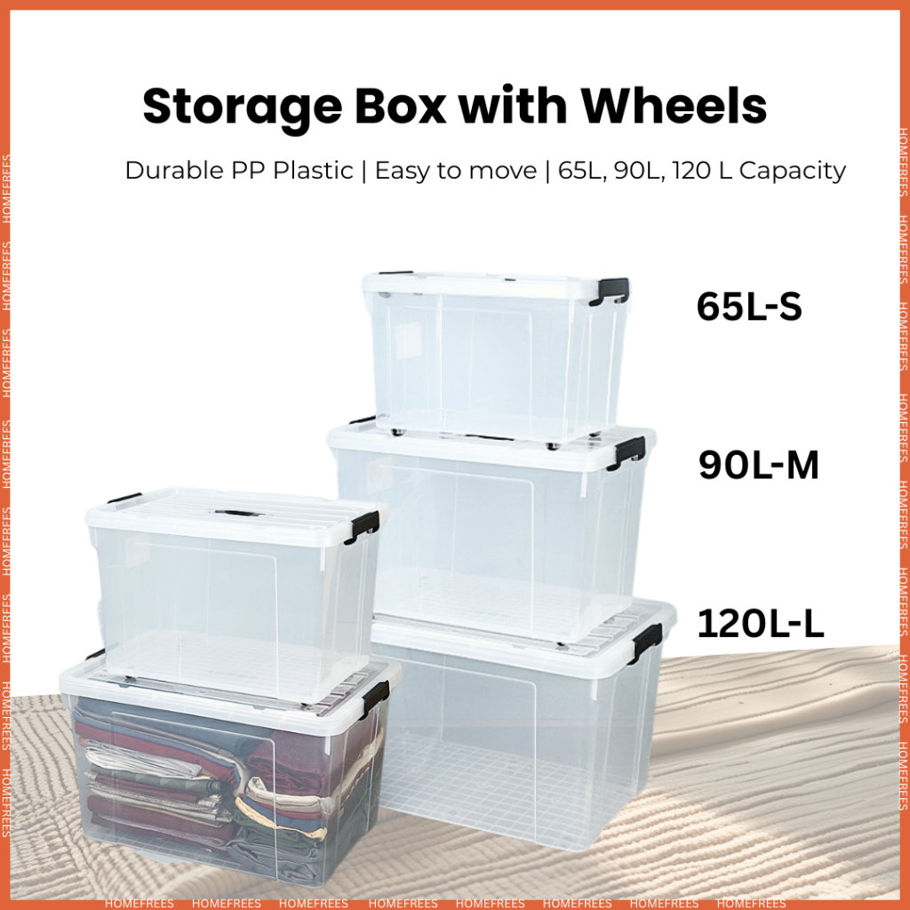 Kotak Simpanan Plastik Lutsinar (65L/90L/120L)dengan Roda-Clear Plastic Storage Box (65L/90L ...