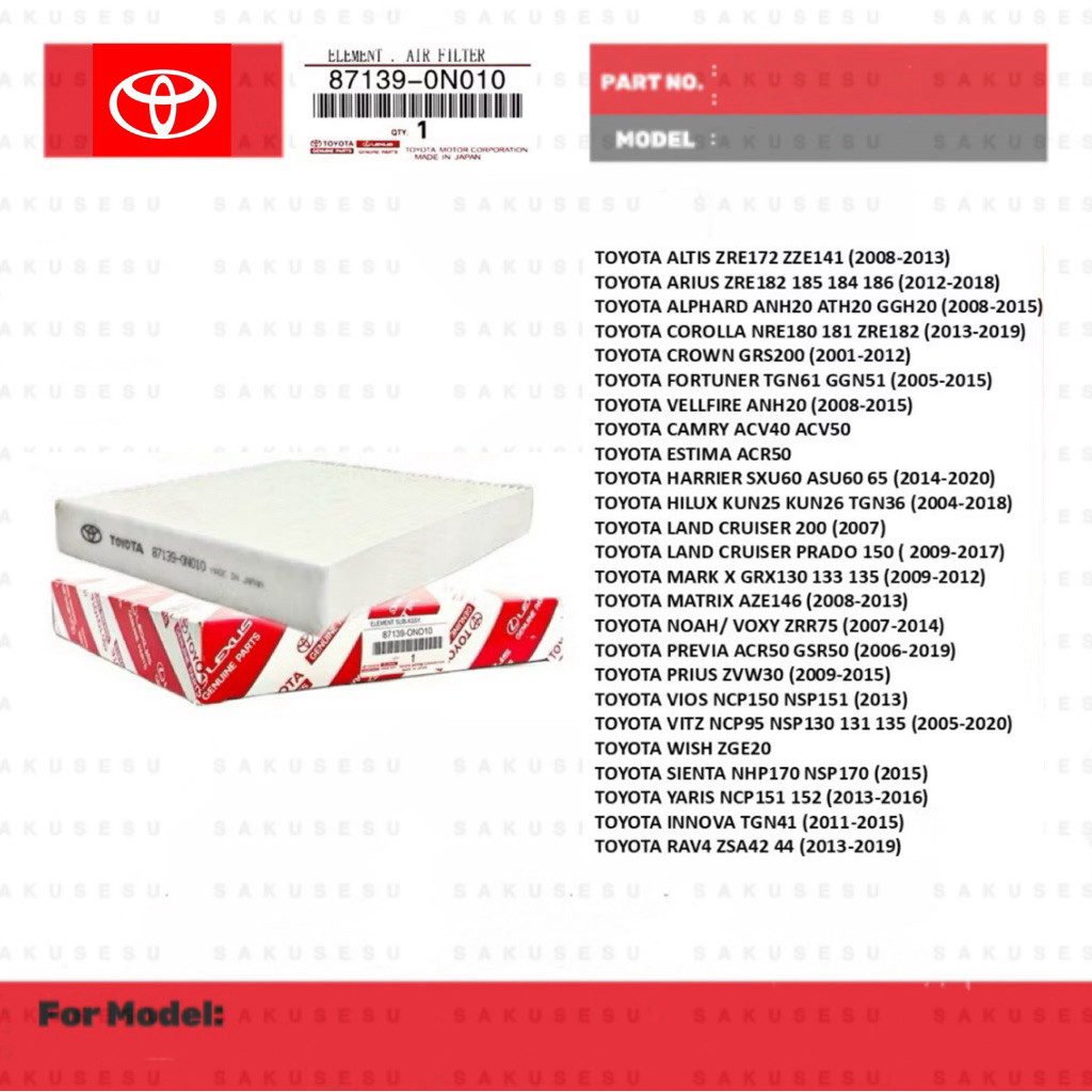 87139-0N010 Toyota air-cond cabin filter (pleated) for Vios Altis Camry ...