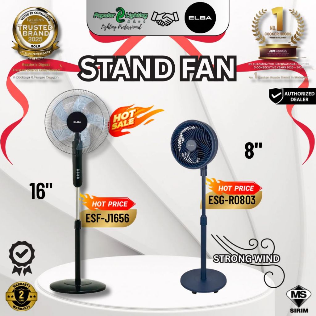 (NEW) ELBA 8" Stand Fan ESF-R0803(BL) - 5 Blades - Blue (8 inches / 90W ...