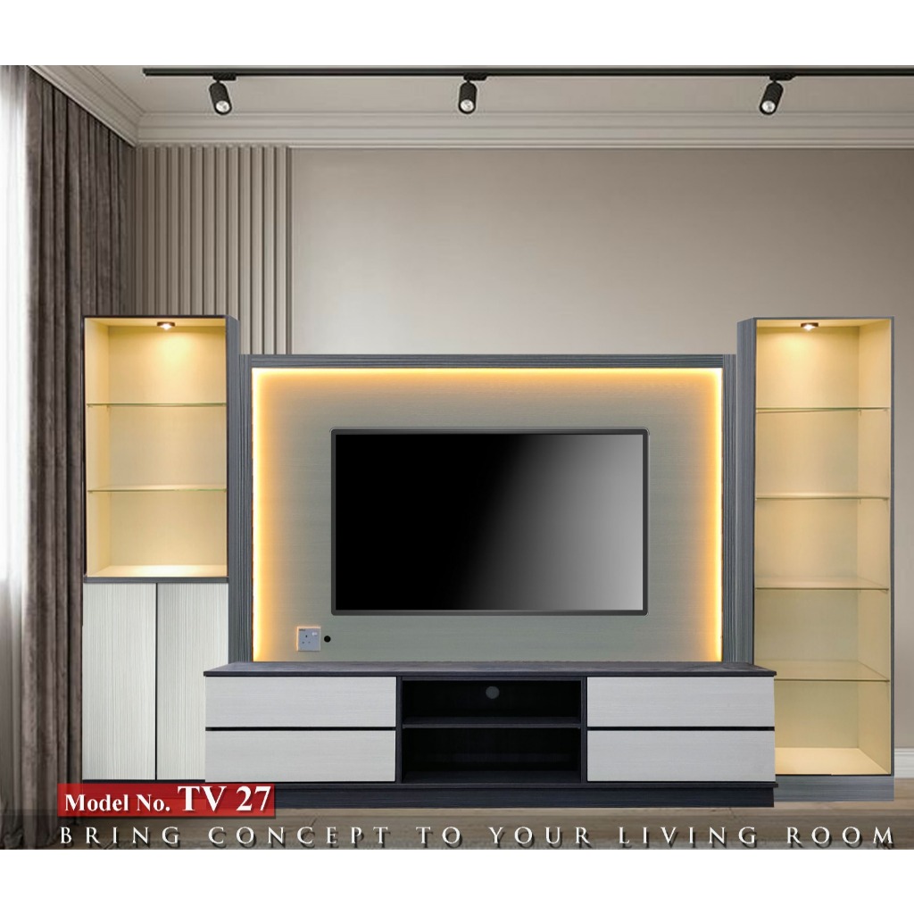 [TSB-TV27]10FT TV Cabinet with LED Light & Solid Wall/10 Kaki Kabinet ...