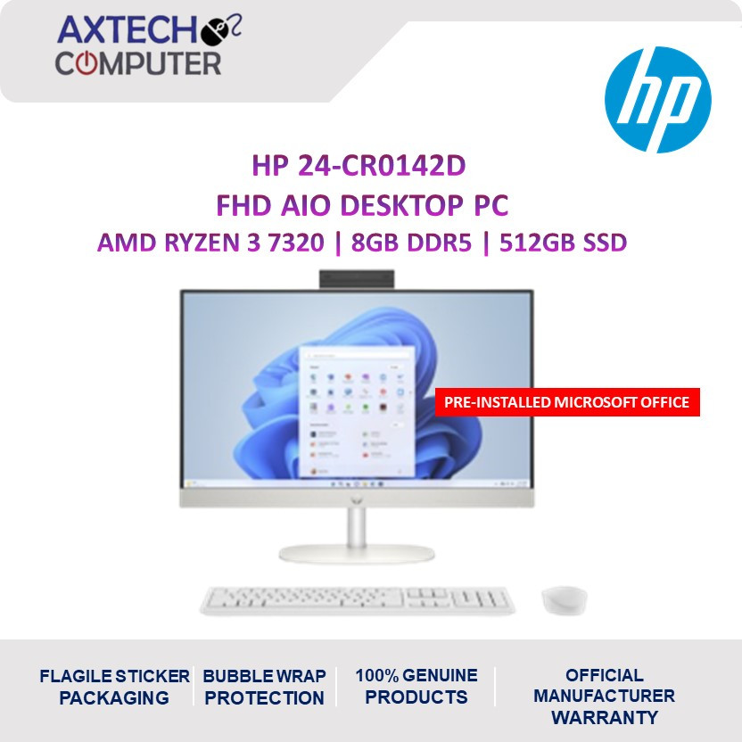 HP 24-cr0142d 23.8" FHD All-in-One Desktop PC Shell White ( Ryzen 3 ...