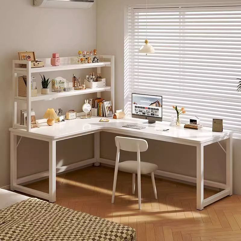 Cream Style Corner Computer Desk Study Desk Bookshelf Integrated L ...
