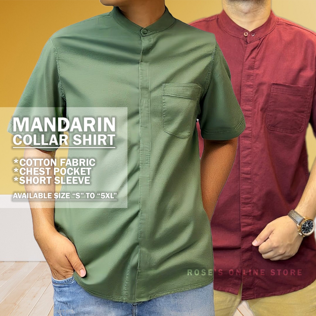 Kemeja Lelaki Kolar Mandarin | Lengan Pendek, Cotton, Plain Solid Color ...