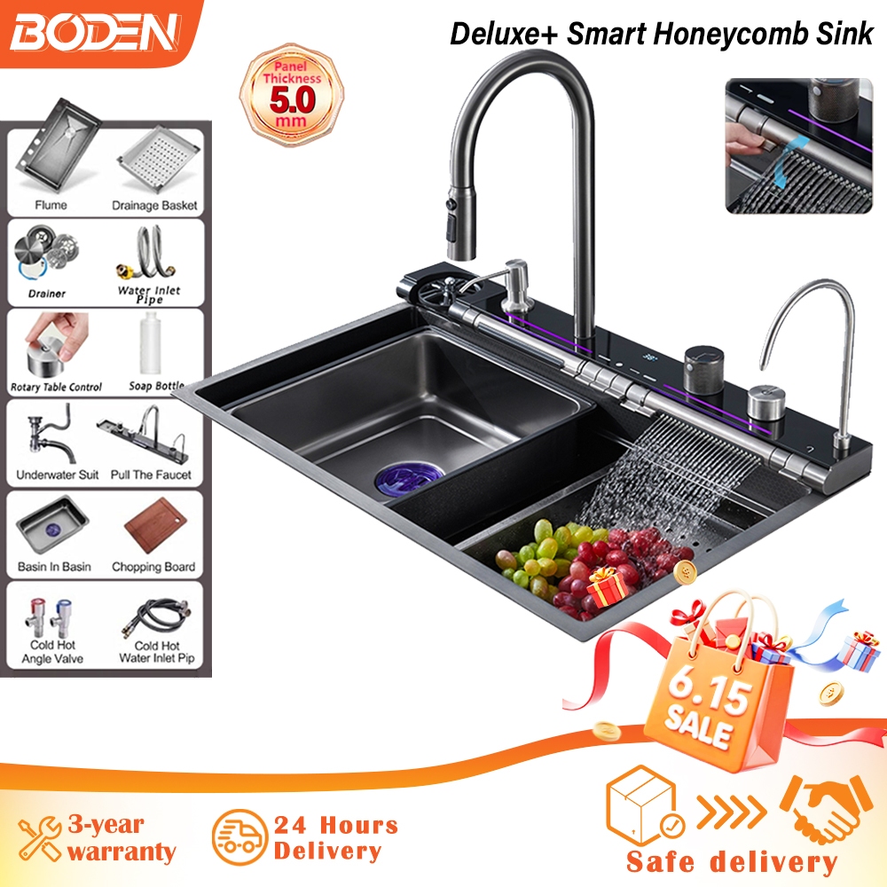 【𝑫𝒆𝒍𝒖𝒙𝒆+】Honeycomb 304 Sinki Dapur Kitchen Sink Waterfall Piano keys ...