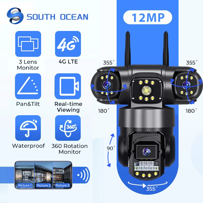 South Ocean CCTV Outdoor 12MP Three Lens 360° Monitoring Wireless IP66 ...